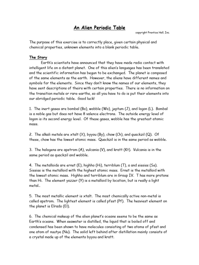 06.2.alien Periodic Table 1 Student | PDF | Chemical Elements ...