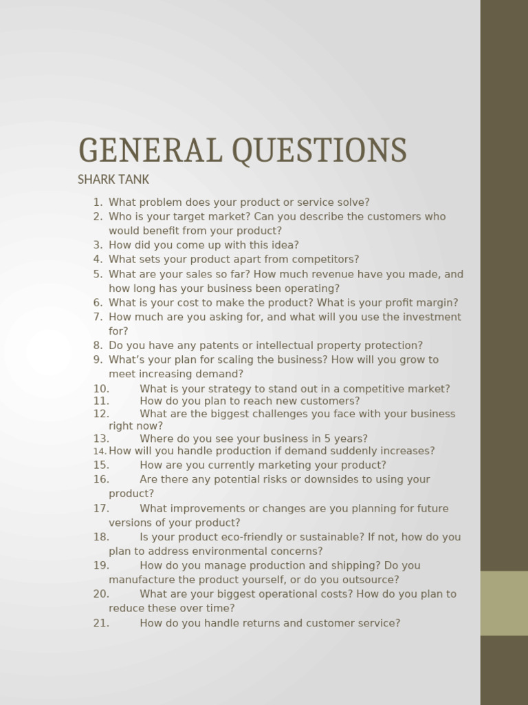 GENERAL QUESTIONS For Shark Tank | PDF | Economics | Investing