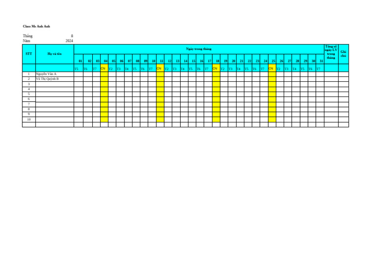 Mau Bang Cham Cong Excel | PDF