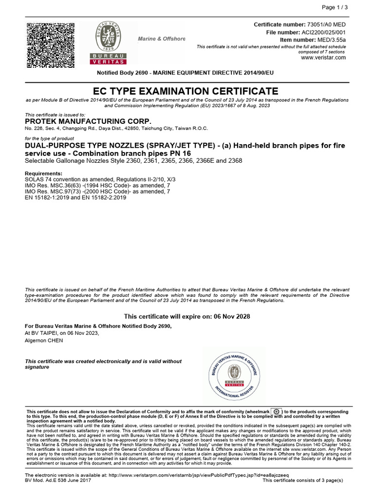 MED MDL-B Certificate - 73051A0 PROTEK | PDF