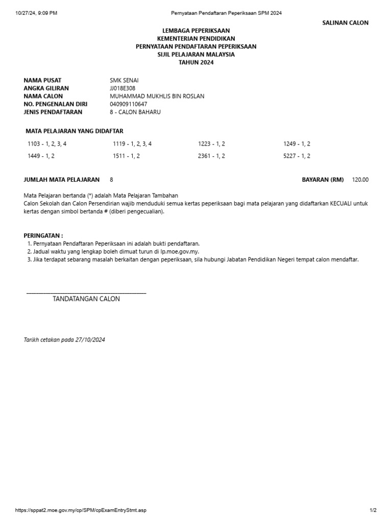 Pernyataan Pendaftaran Peperiksaan SPM 2024 | PDF