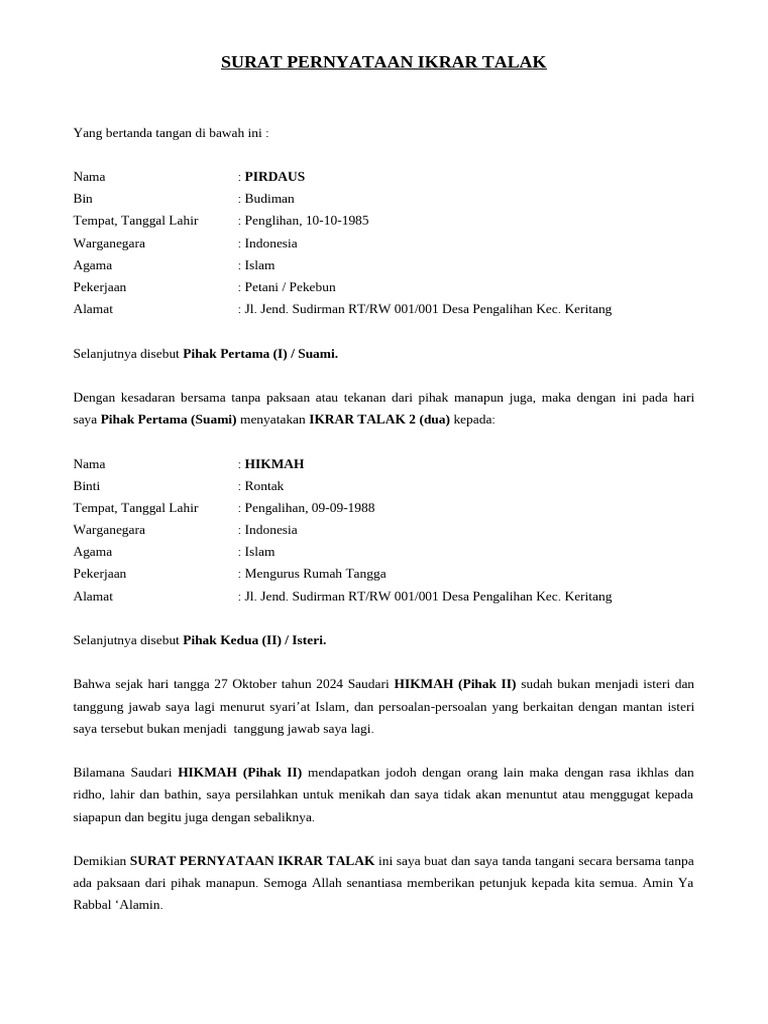Ikrar Talak Pirdaus kepada Hikmah | PDF