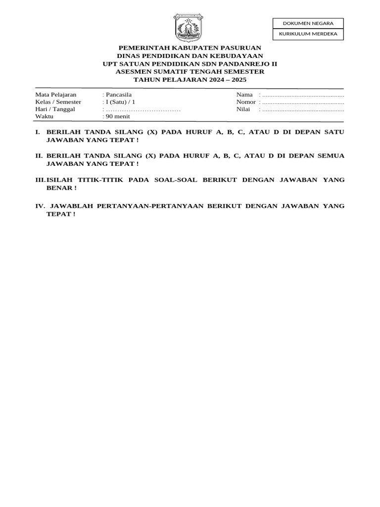 Kop Soal PTS Kurikulum Merdeka | PDF