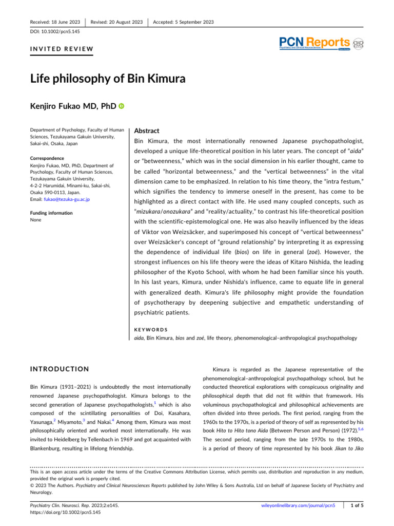 PCN Reports - 2023 - Fukao - Life Philosophy of Bin Kimura | PDF | Phenomenology (Philosophy ...