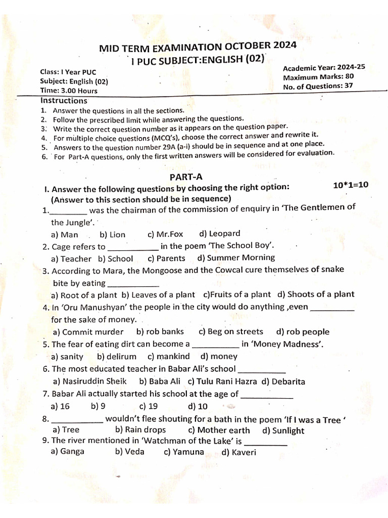 Kodagu Distic I PUC Midterm Question Paper | PDF