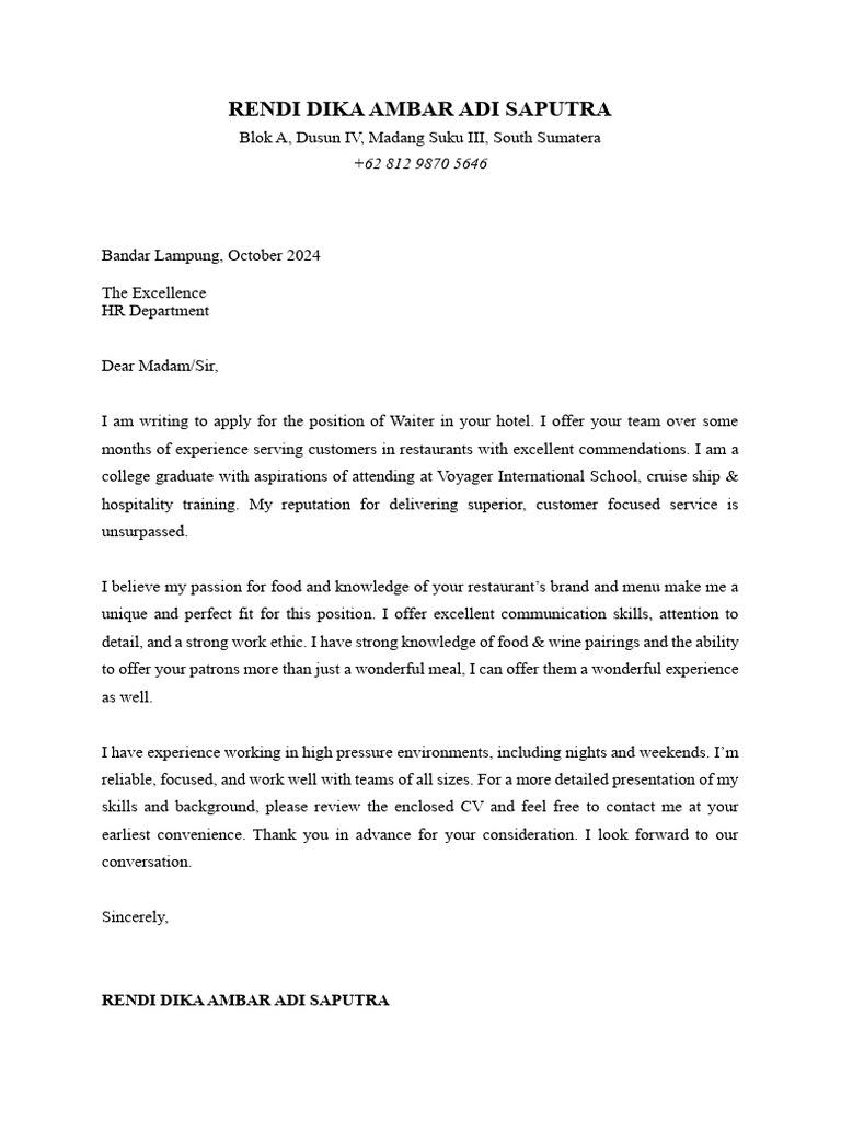 Cv-Rendi Dika Ambar Adi Saputra 2 | PDF | Restaurants | Waiting Staff