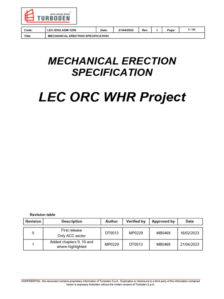 LEC-ENG - ASM-1250-rev.1 (Mechanical Erection Specification) | PDF | Specification (Technical ...