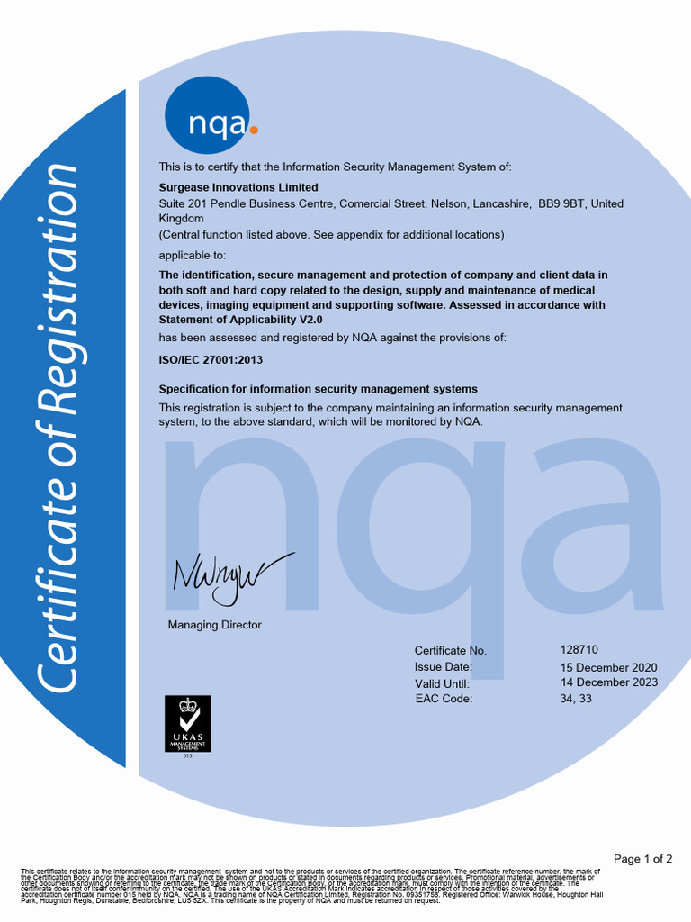 Surgease ISO 27001 Certification 1 | PDF