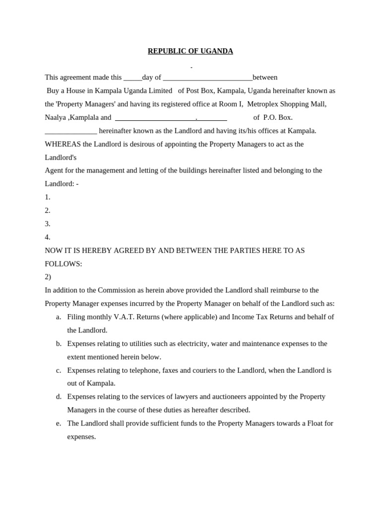 Property Management Agreement Uganda | PDF | Landlord | Leasehold Estate