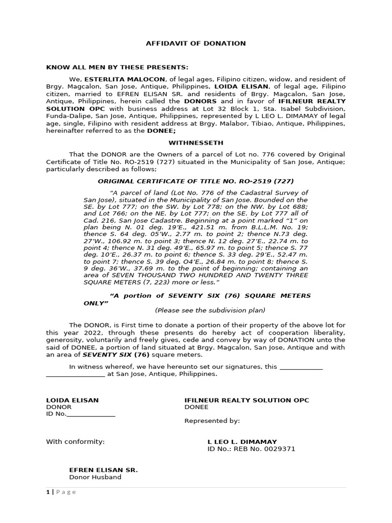 Affidavit of Donation for Land Parcel | PDF | Land Law
