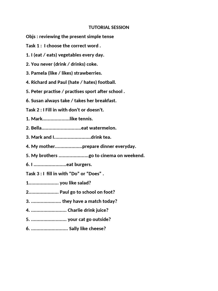 TUTORIAL SESSIOn 2ms Present Simple Tense 2024 | PDF | Eating Behaviors Of Humans | Cooking