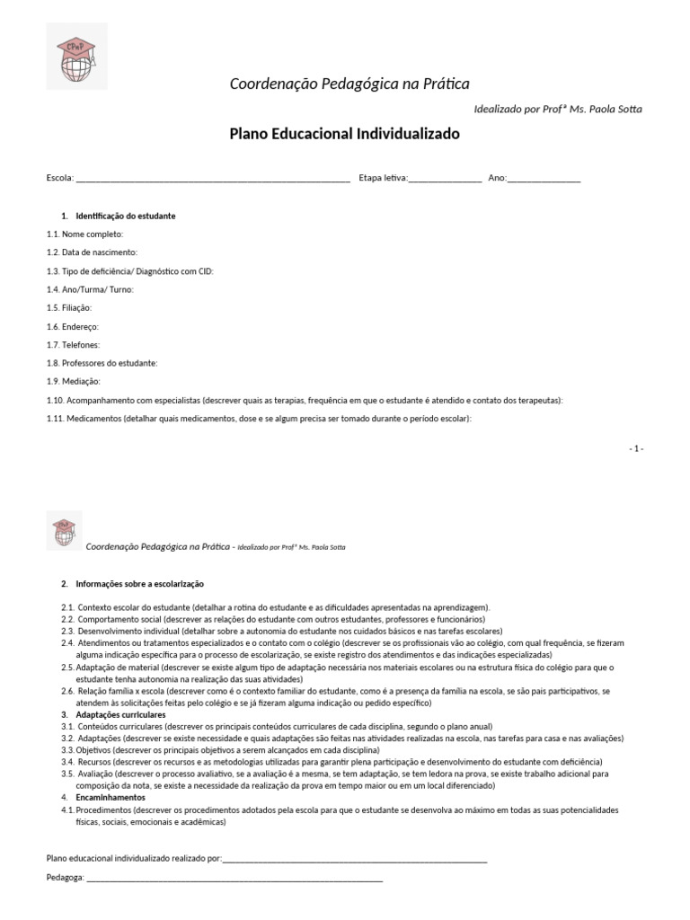Plano Educacional Individualizado | PDF | Pedagogia