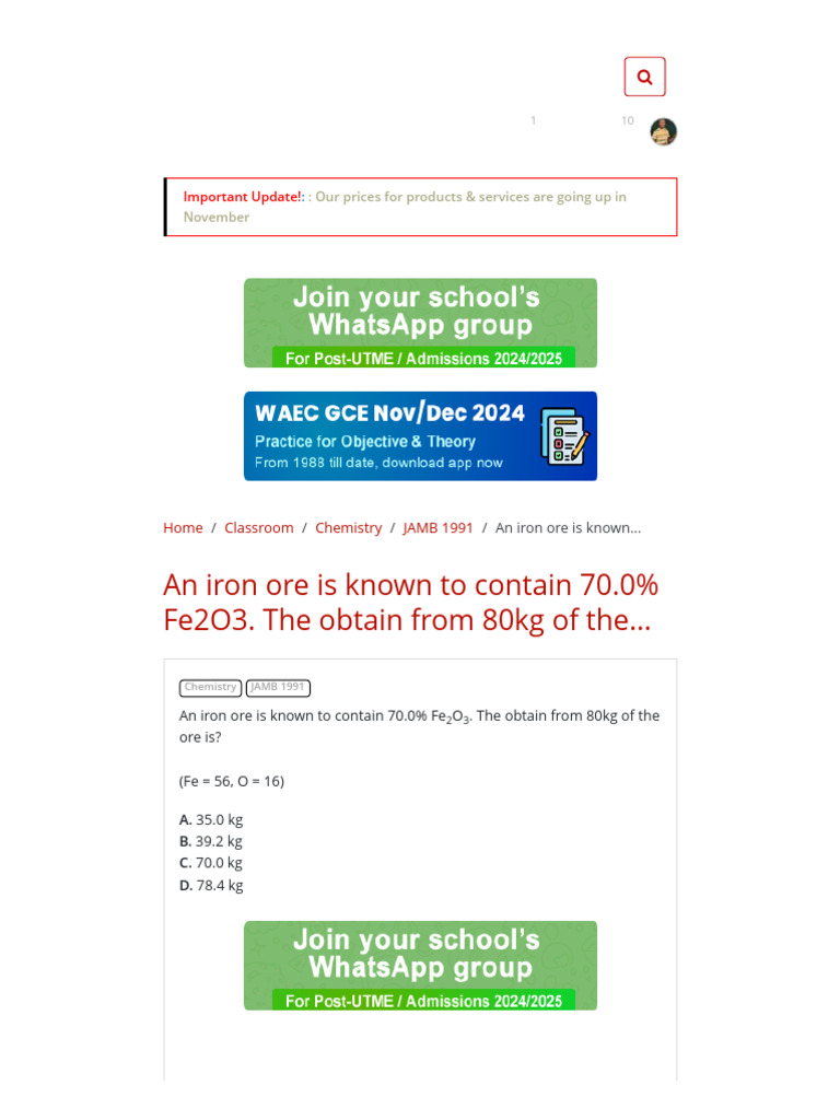 An Iron Ore Is Known To Contain 70 0 Fe2o3 The Obtain From 80kg Of