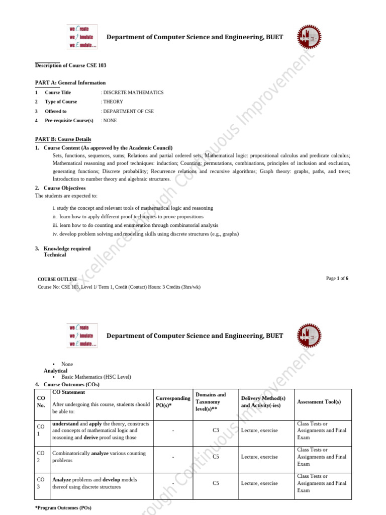 CSE 103: Discrete Mathematics Course Outline | PDF | Discrete Mathematics | Mathematics