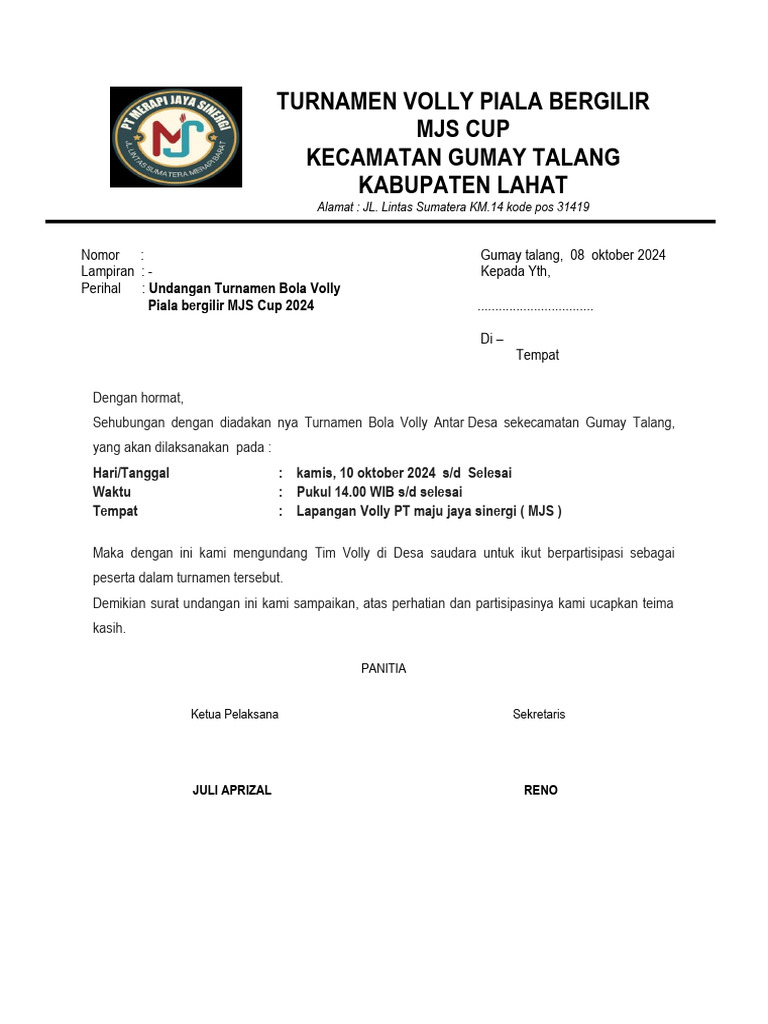 Surat Undangan Turnamen Volly MJS Cup | PDF