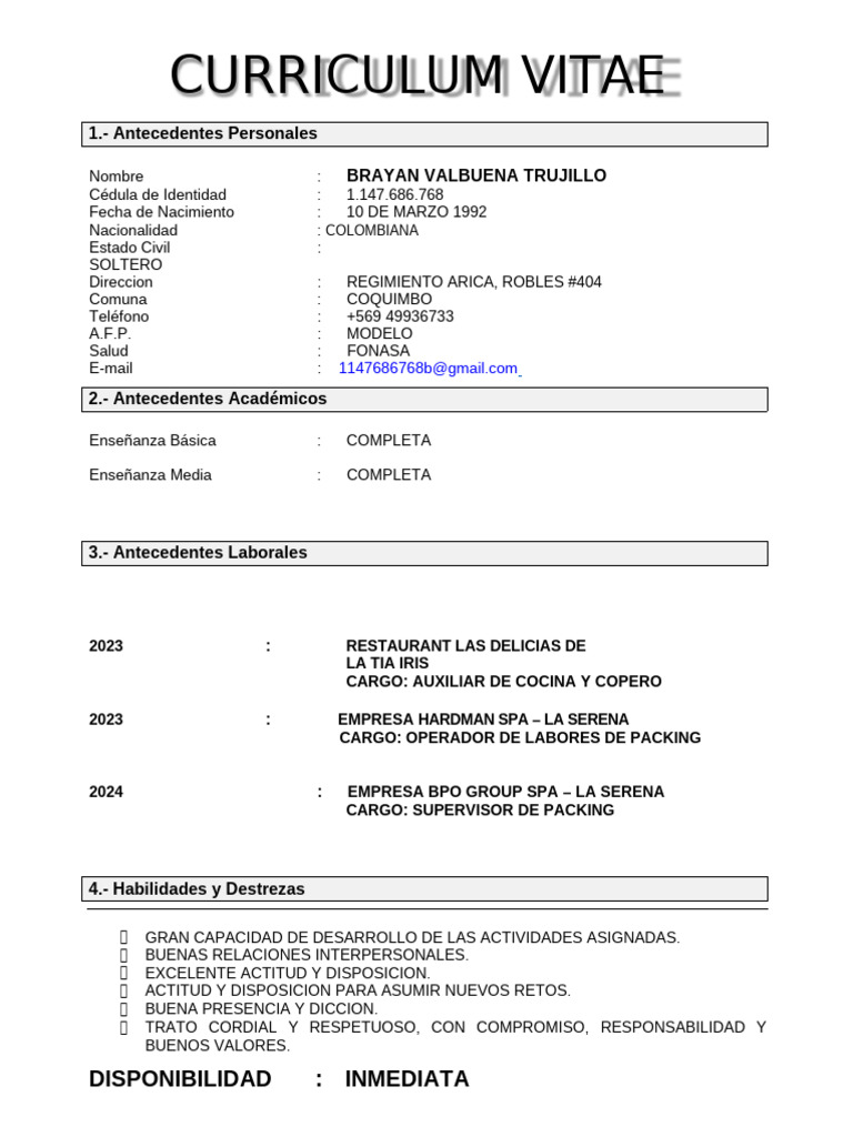 Curriculum bRAYAN VALBUENA | PDF