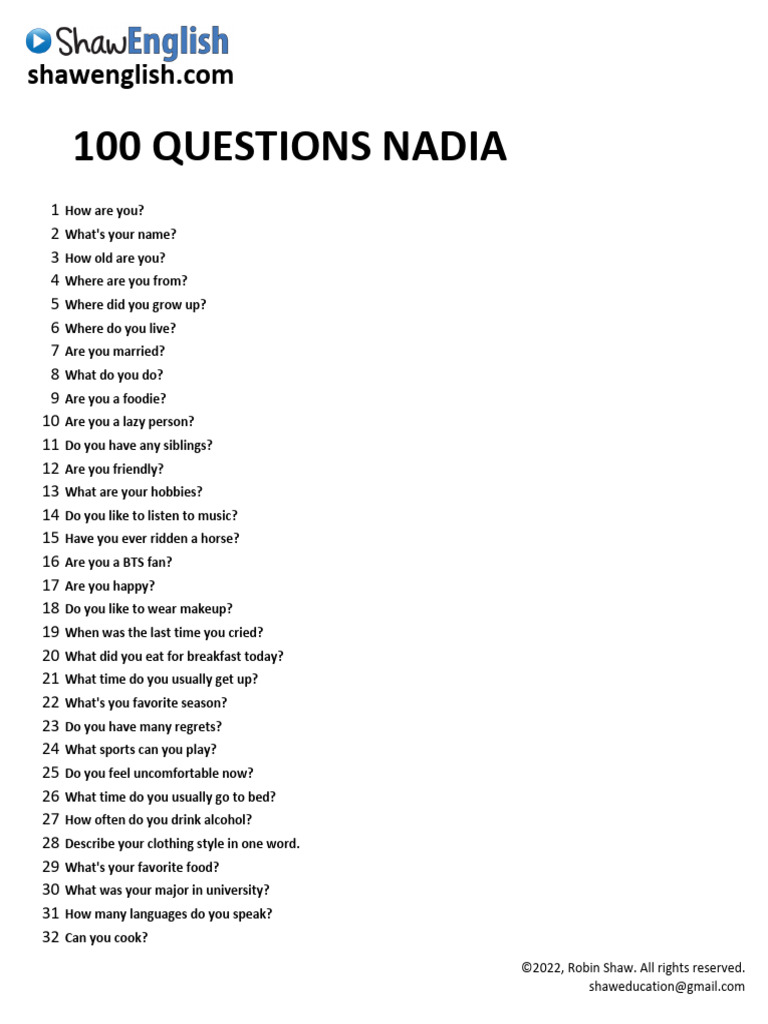 100 Common English Questions NADIA | PDF | Self-Improvement