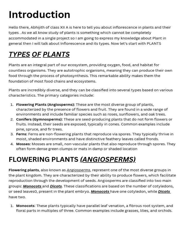 Types of Inflorescence in Plants | PDF | Moss | Flowers