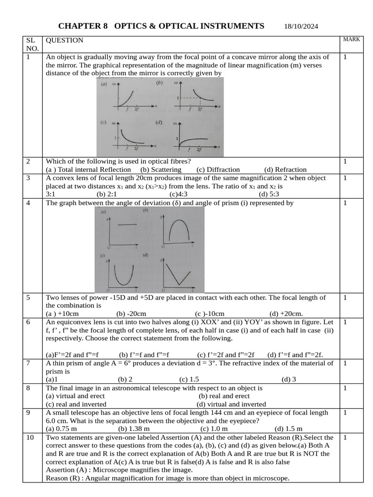 Optics and Optical Instruments Quiz | PDF | Optics | Glass Engineering ...