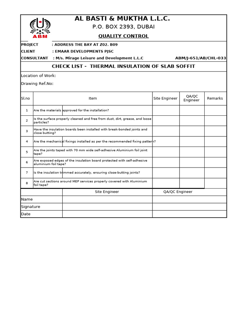 Checklist For Thermal Insulation of Slab Soffit Rev 0 | PDF | Computers