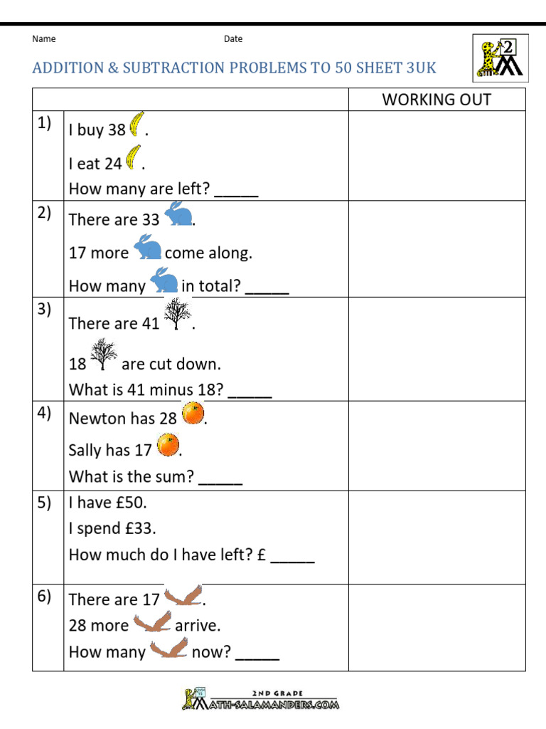 Addition & Subtraction Problems to 50 | PDF | Teaching Methods & Materials
