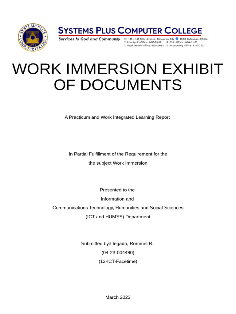 Front Page Work Immersion Exhibit of Documents - Docx - 20241021 - 123442 - 0000 | PDF ...