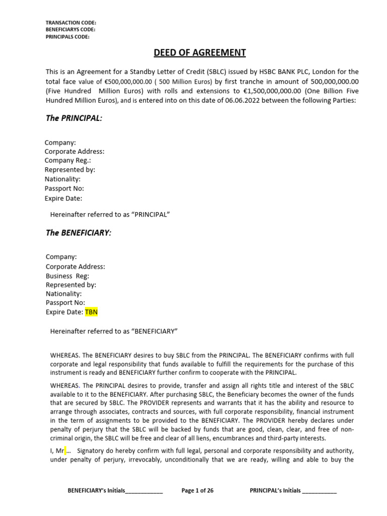 DOA - TEMPLATE - SBLC Page 1 | PDF | Business