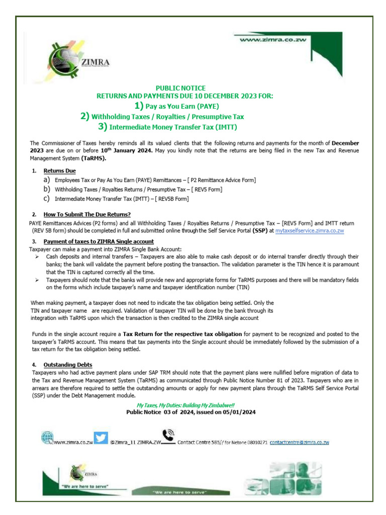Public Notice 3 of 2024 Returns and Payments Due 10 January 2024 | PDF ...