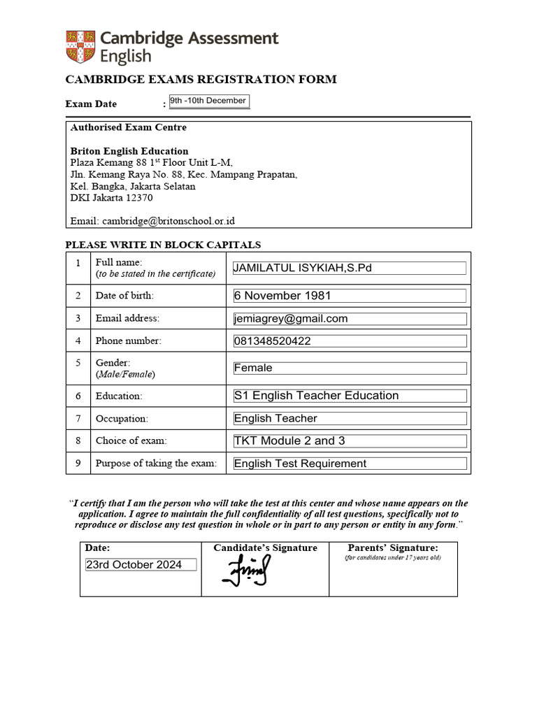 Cambridge Exam Registration Form( Jamilatul Isykiah) | PDF