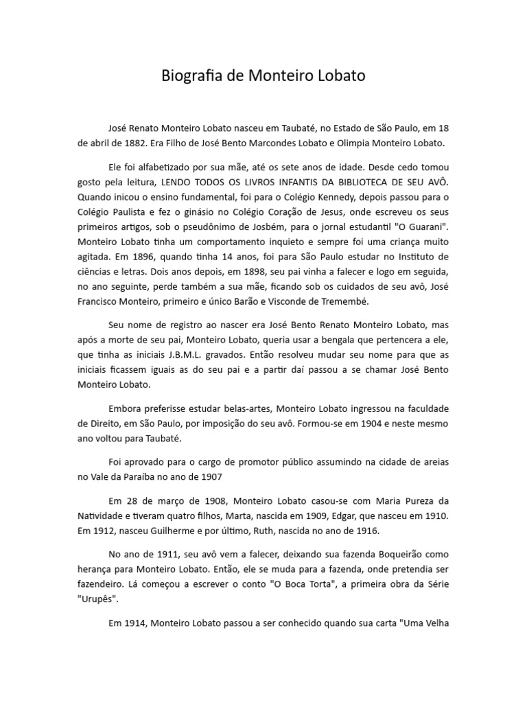 Biografia de Monteiro Lobato. | PDF | Brasil
