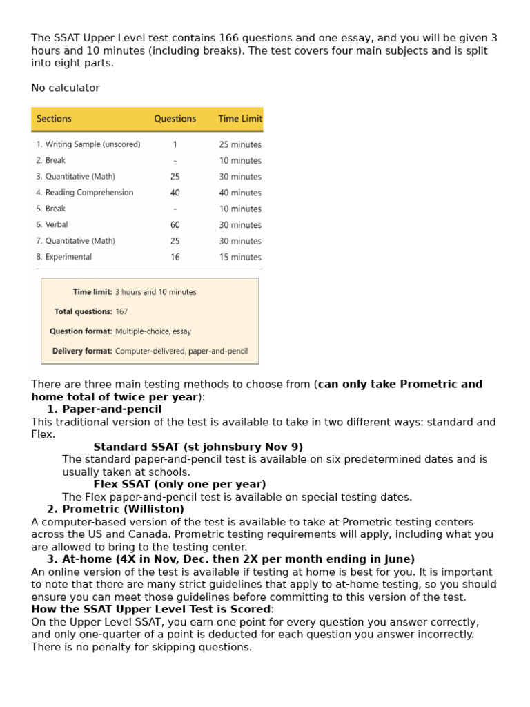 The SSAT Upper Level Test Contains 166 Questions and One Essay | PDF ...