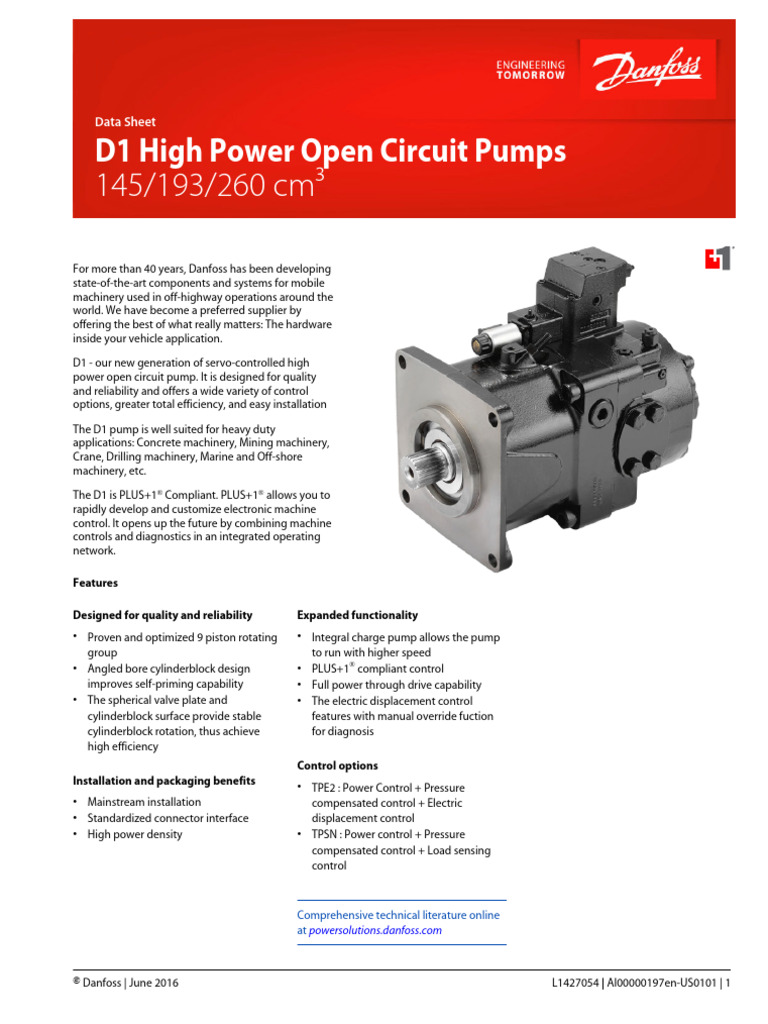 D1 High Power Open Circuit Pumps Data Sheet | PDF | Pump | Machines