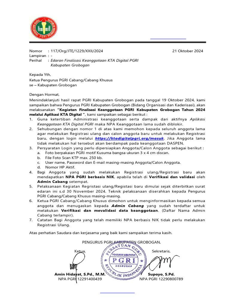 117 Surat Edaran - Finalisasi KTA Digital - PGRI Grobogan - 2024 | PDF