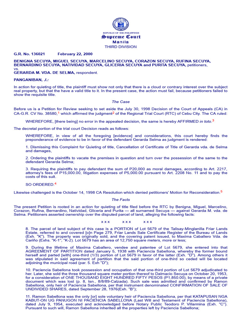 Secuya v. Vda de Selma G.R. No. 136021 | PDF | Natural Resources Law ...