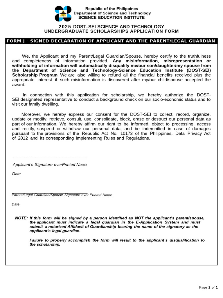 DOST 2025 Form J: Signed Declaration | PDF