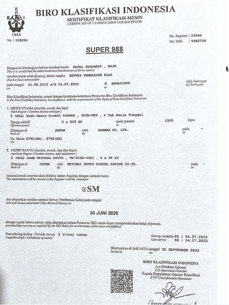 BKI - Surat Mesin LCT Super 988 | PDF