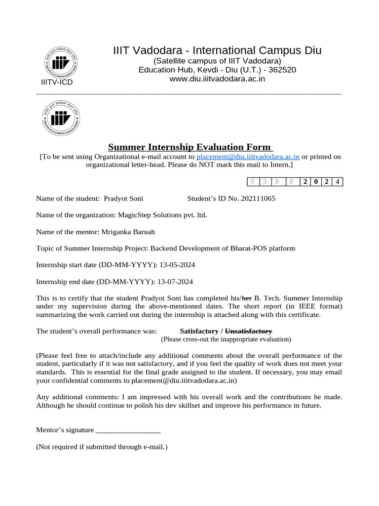 Summer Internship Evaluation Form - 2024 - ICD | PDF