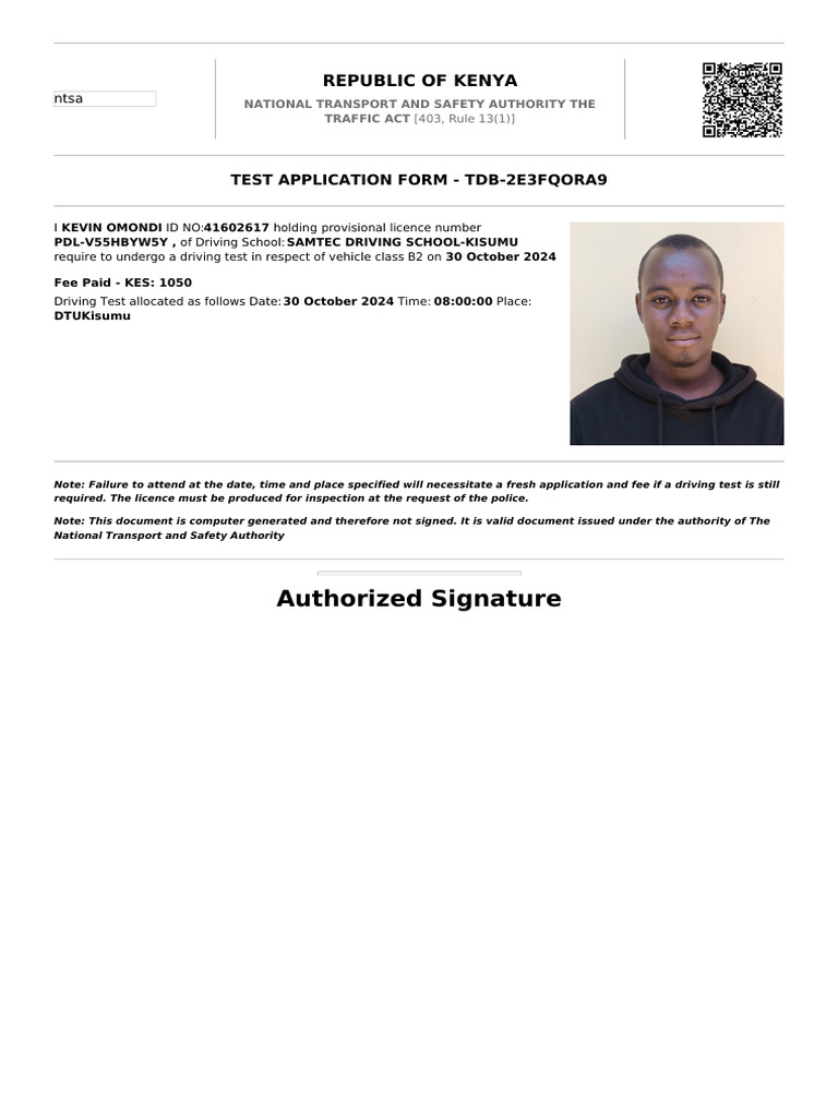 NTSA Driving Test Application Form | PDF