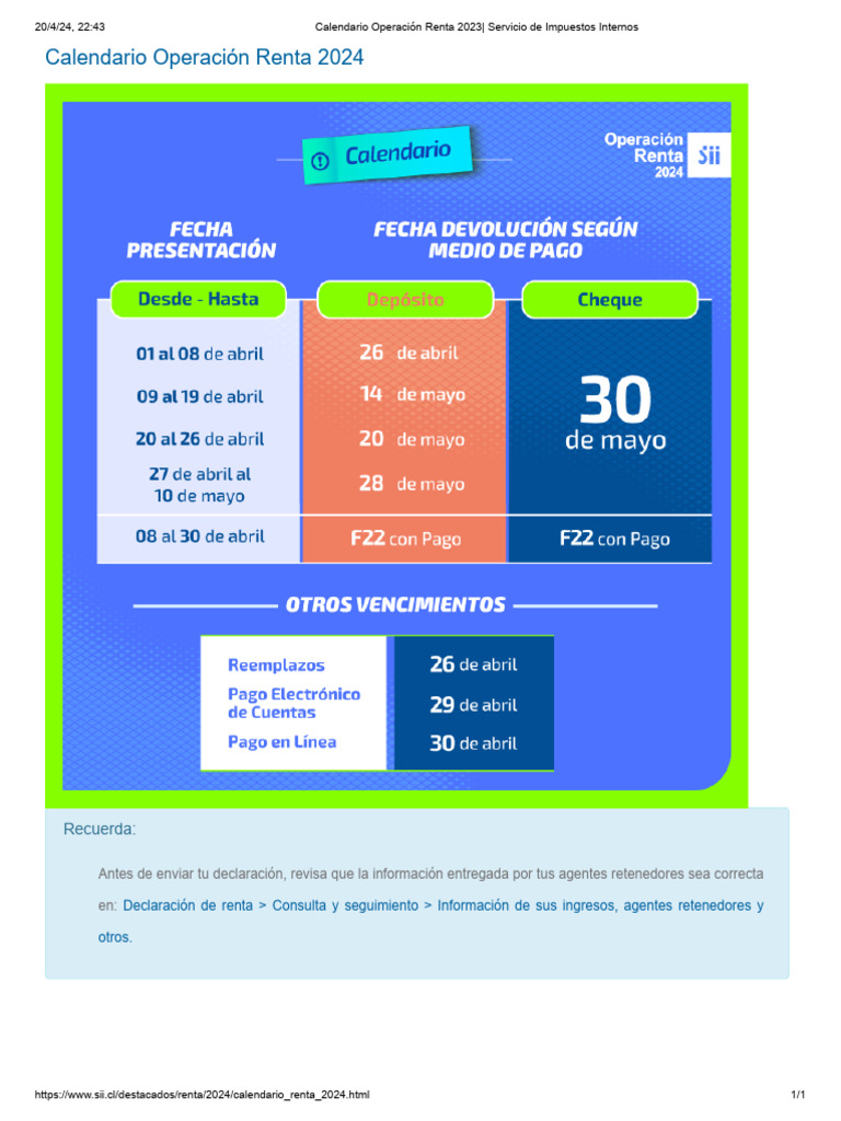 Calendario Operación Renta 2023_ Servicio de Impuestos Internos | PDF