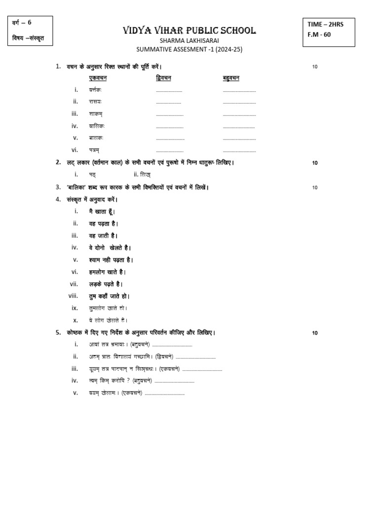 Balika Shabd Roop for Class 6 Sanskrit | PDF