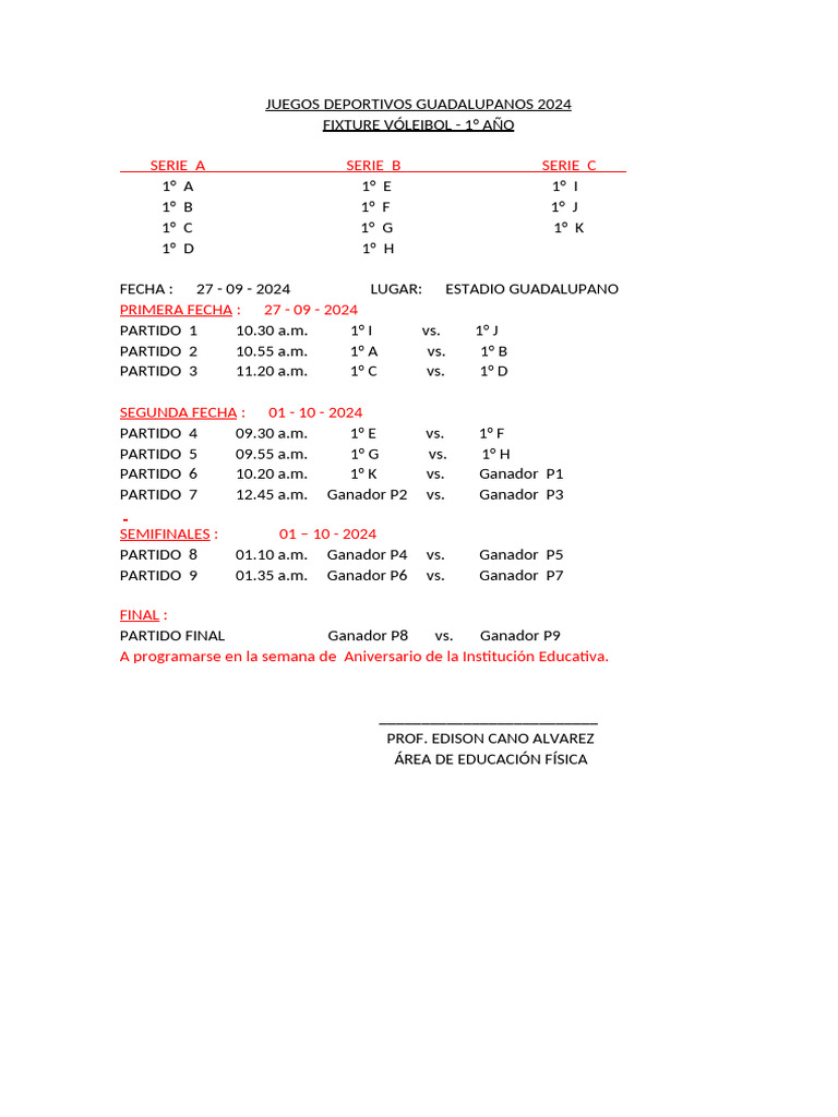 FIXTURE 2 DE VÓLEIBOL - JDG 2024 - 1° Año Eliminación Simple | PDF