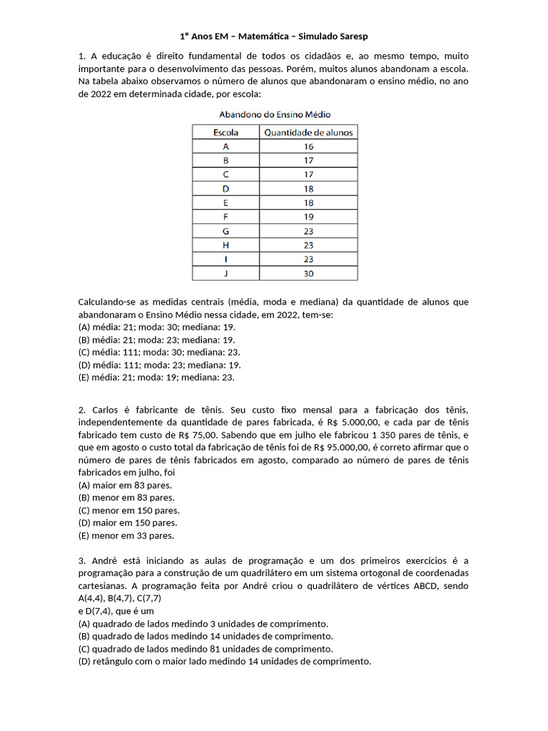 1º Anos EM - Matemática - Simulado Saresp | PDF | Arte