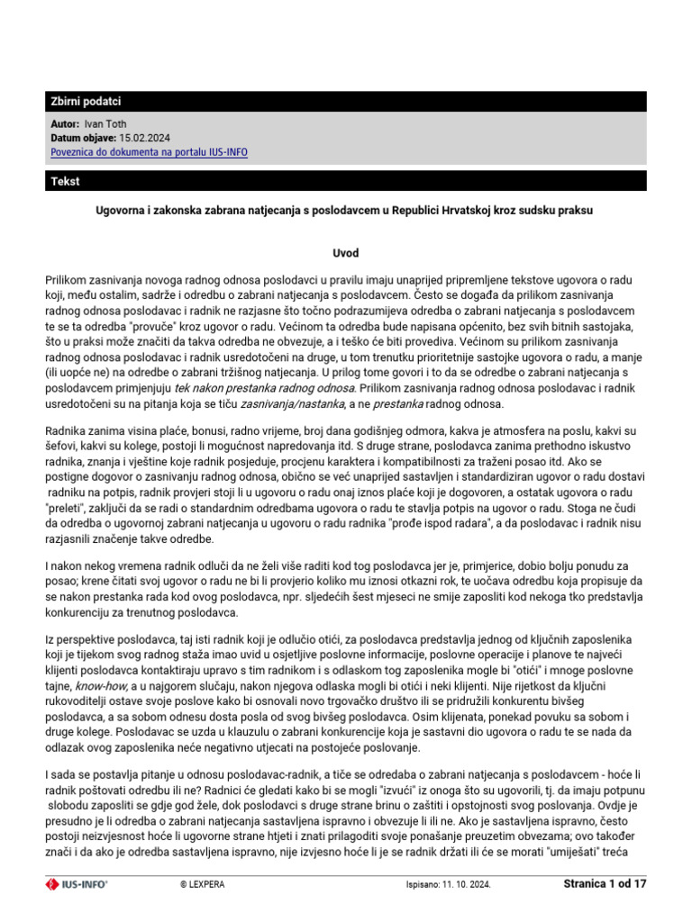Ugovorna I Zakonska Zabrana Natjecanja S Poslodavcem U Republici Hrvatskoj Kroz Sudsku Praksu ...
