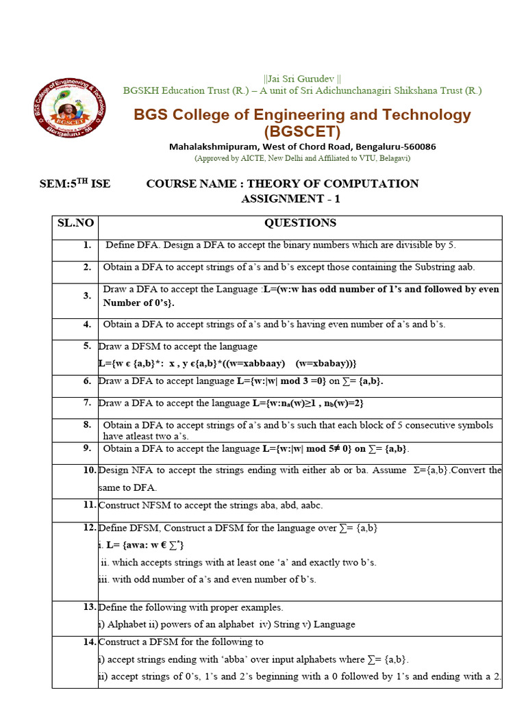 TOC ASSIGNMENT Module 1 | PDF | Theoretical Computer Science | Algorithms