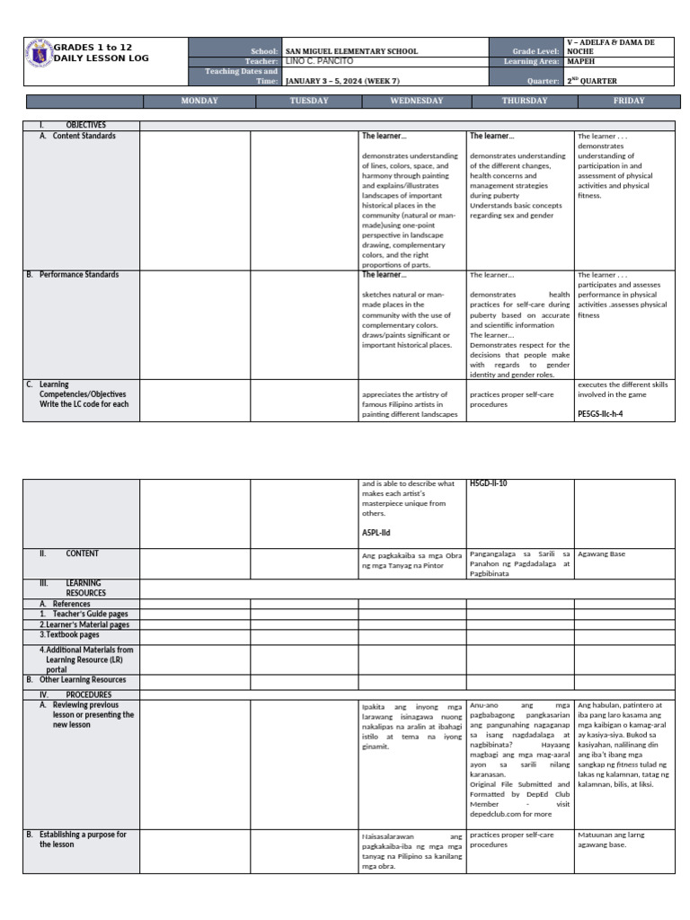 DLL - Mapeh 5 - Q2 - W7 | PDF