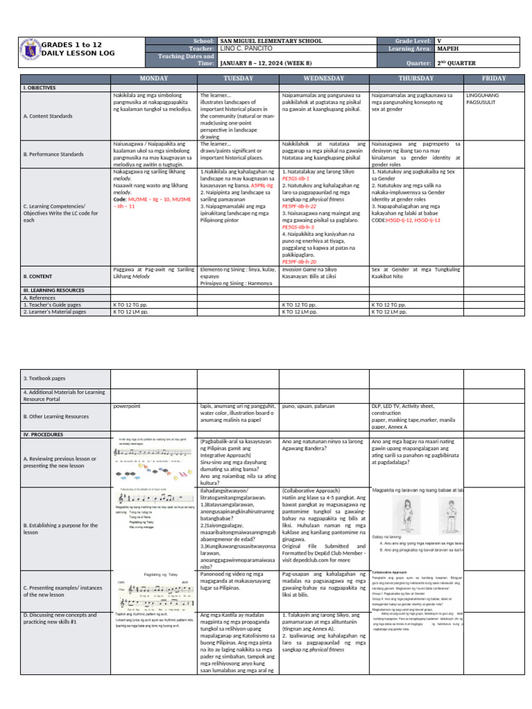 DLL - Mapeh 5 - Q2 - W8 | PDF