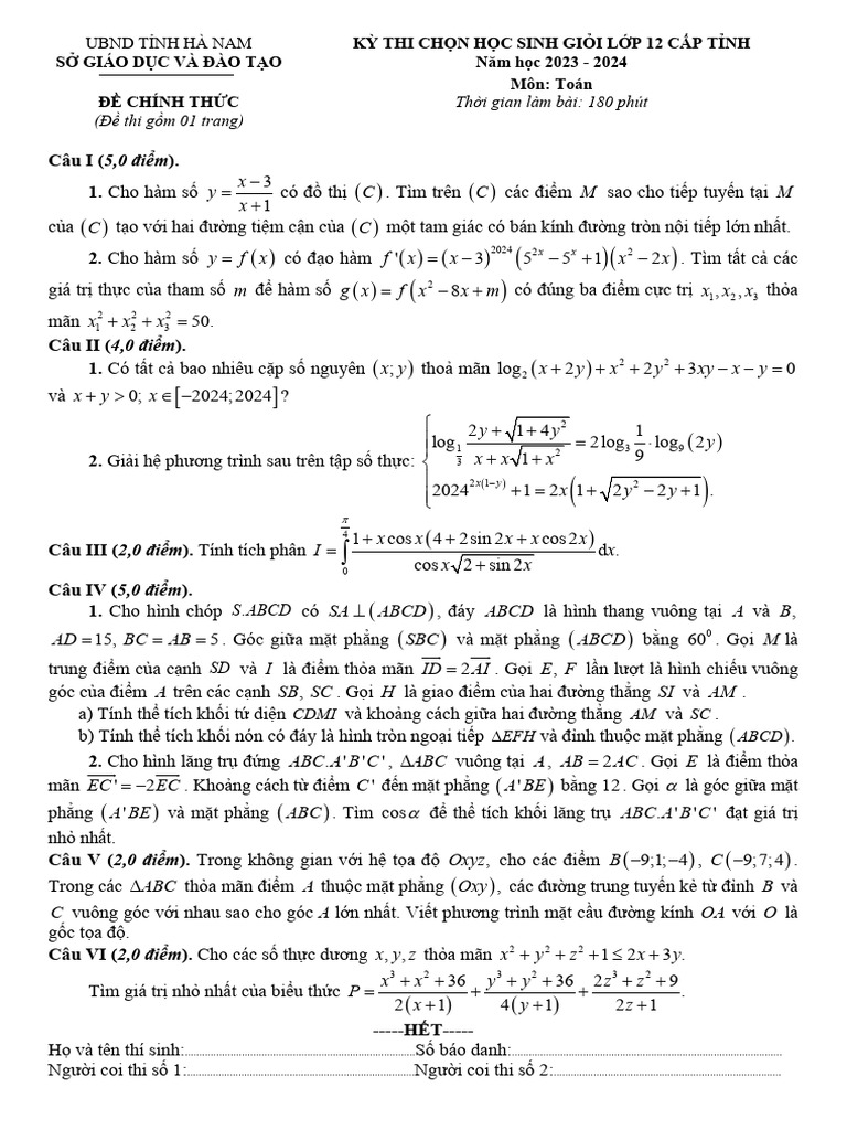 De Hoc Sinh Gioi Toan 12 Cap Tinh Nam 2023 2024 So GDDT Ha Nam | PDF