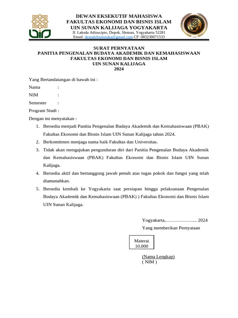 Surat Pernyataan Panitia PBAK FEBI 2024 | PDF