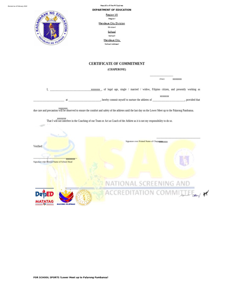 Certificate of Commitment for Chaperone | PDF | Philippines