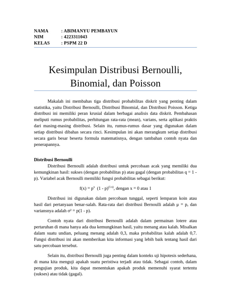 Kesimpulan Distribusi Bernoulli, Binomial, Poisson (ABIMANYU PEMBAYUN ...